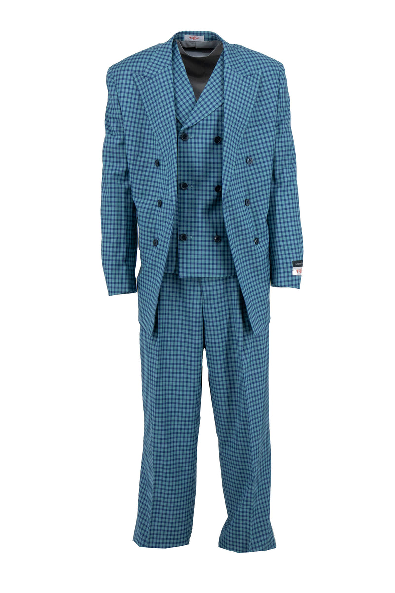 Cerulean and Navy Check EST Wide Leg Pure Wool Suit & Vest by Tiglio R ...