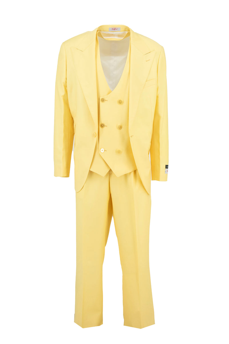 Butter Yellow Orvietto Semi Wide Leg Pure Wool Suit & Vest by Tiglio R ...