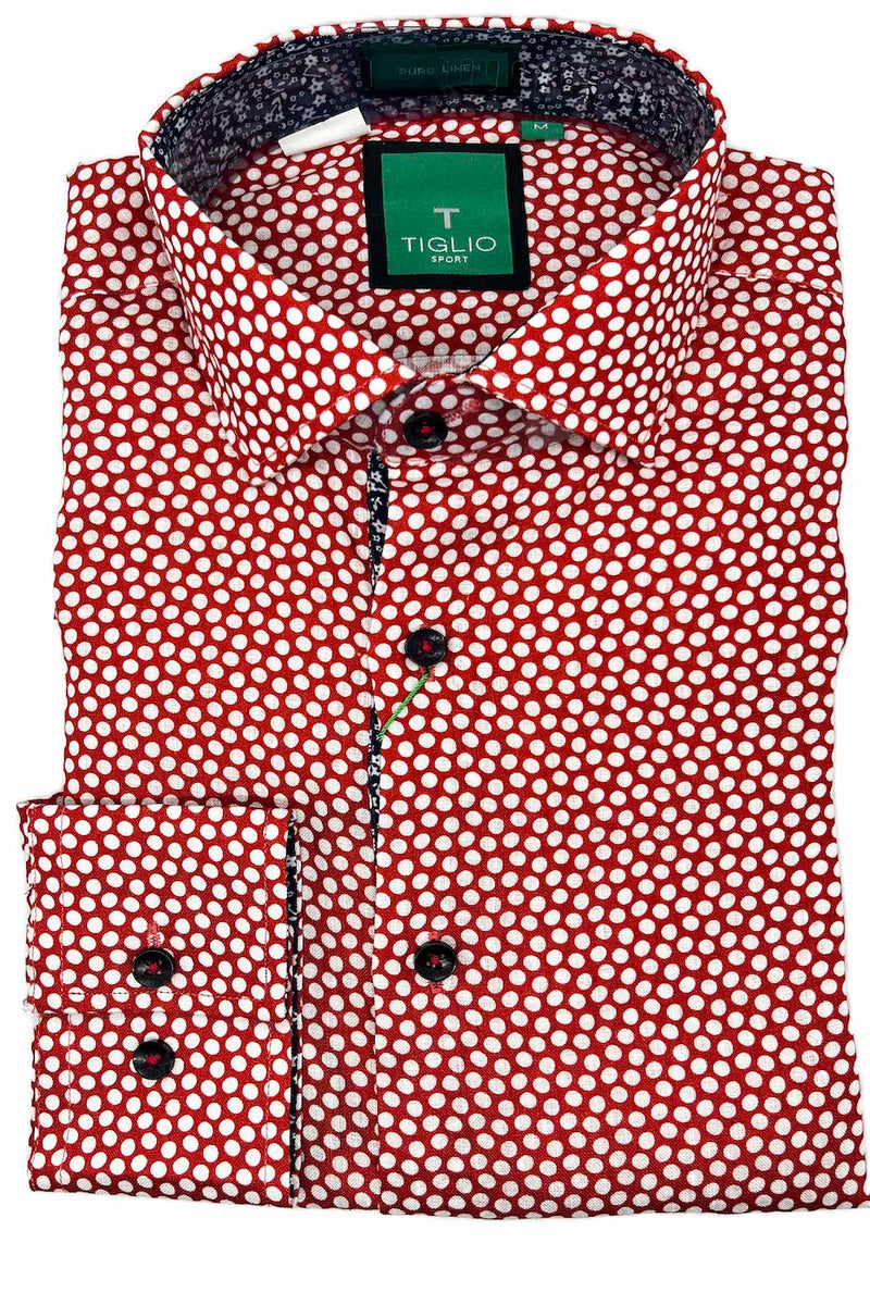Scarlet with Ivory Oval Dots, Pure Linen Modern Fit Sport Shirt by Tig ...