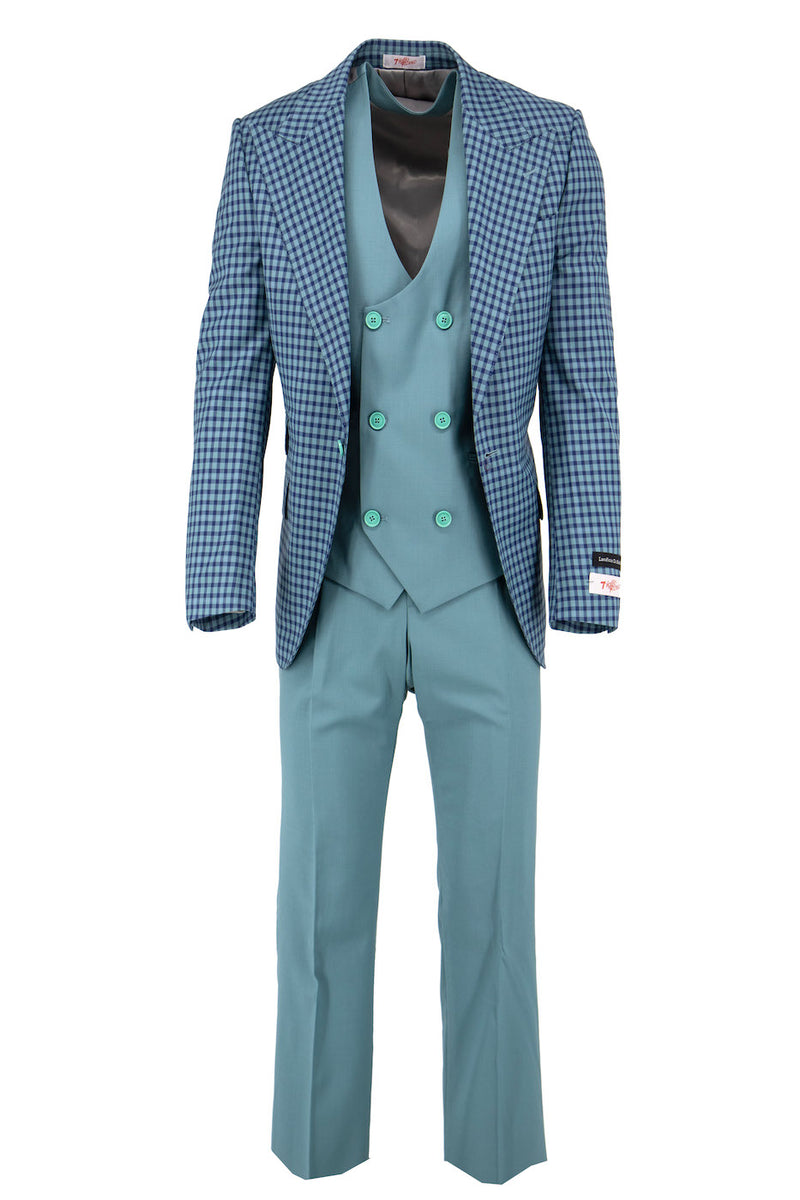 Cerulean and Navy Check Orvietto Semi Wide Leg Pure Wool Suit & Vest C ...